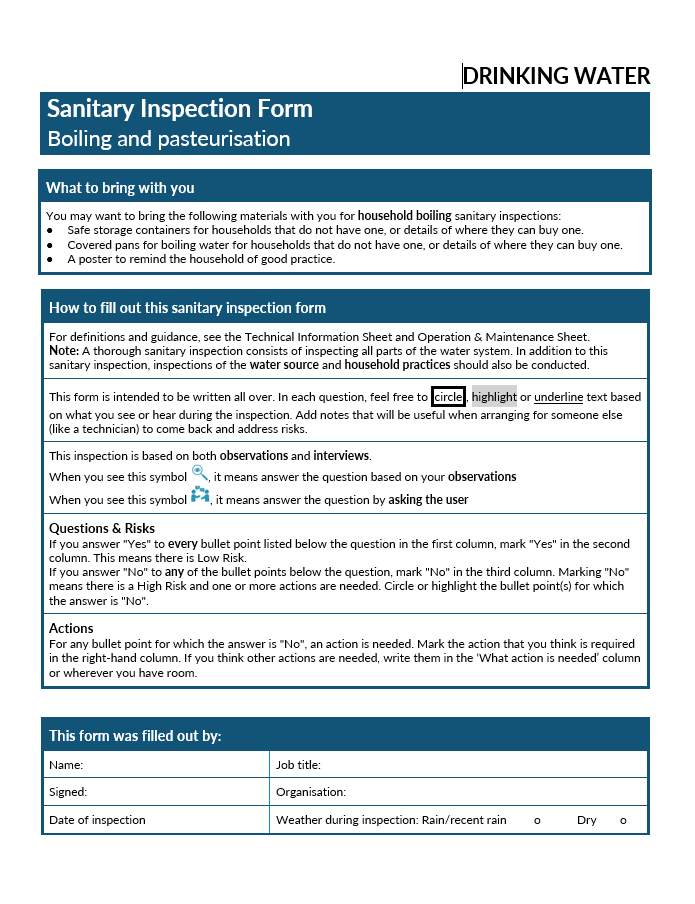 Sanitary Inspection Form: Boiling and Pasteurisation | WASH Resources