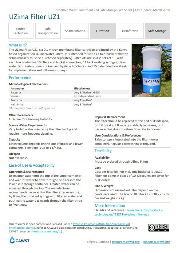 UZima Filter Fact Sheet | WASH Resources