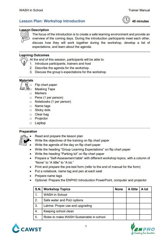 Workshop Introduction - Lesson Plan (WiS Nepal) | WASH Resources