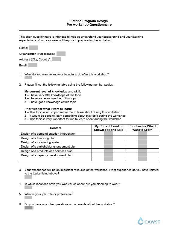 Latrine Program Design Pre-Workshop Questionnaire | WASH Resources