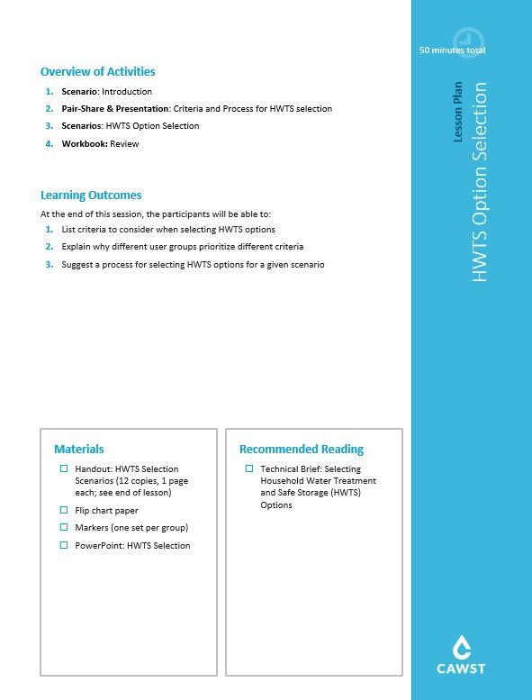 Selecting HWTS Options - Lesson Plan (HWTS) | WASH Resources
