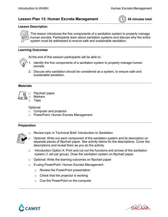 Human Excreta Management - Lesson Plan (Intro to WASH) | WASH Resources