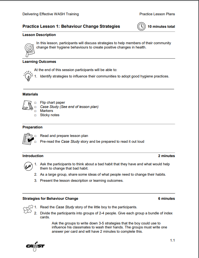 Behaviour Change - Practice Lesson Plan (DEWT) | WASH Resources