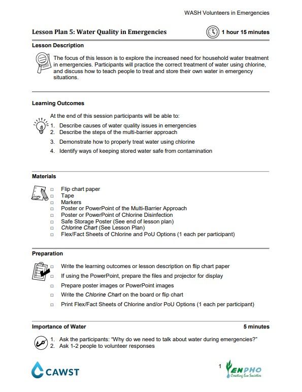 Water Quality in Emergencies - Lesson Plan (E-WASH Nepal) | WASH Resources