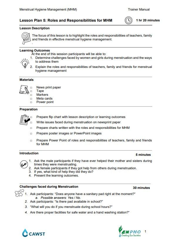 Roles and Responsibilities of MHM - Lesson Plan (MHM Nepal) | WASH ...