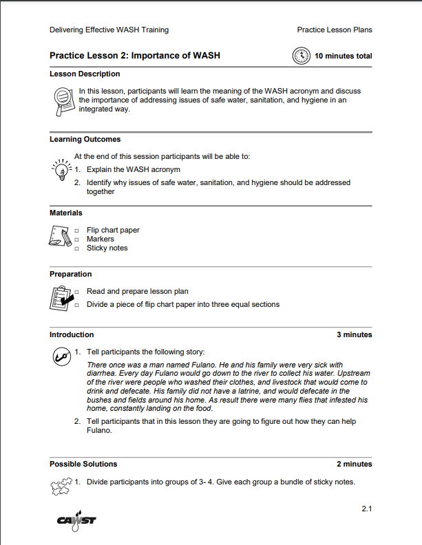 Importance of WASH - Practice Lesson Plan (DEWT) | WASH Resources