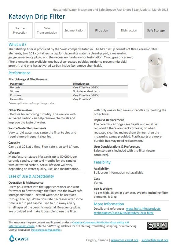 Katadyn Drip Filter Fact Sheet | WASH Resources