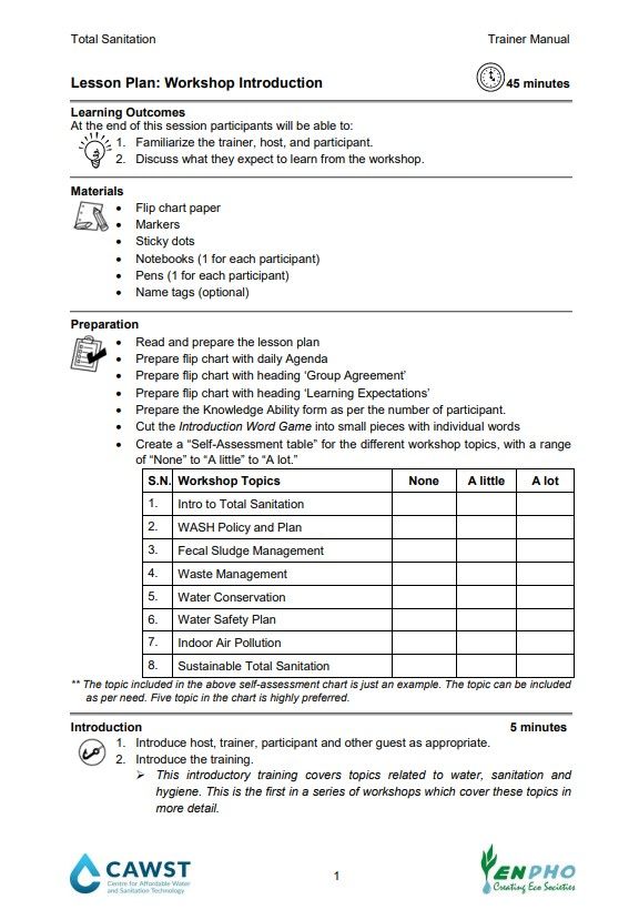 Workshop Introduction - Lesson Plan (TS3 Nepal) | WASH Resources