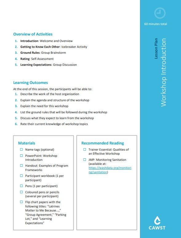 Workshop Introduction - Lesson Plan (LPD) | WASH Resources