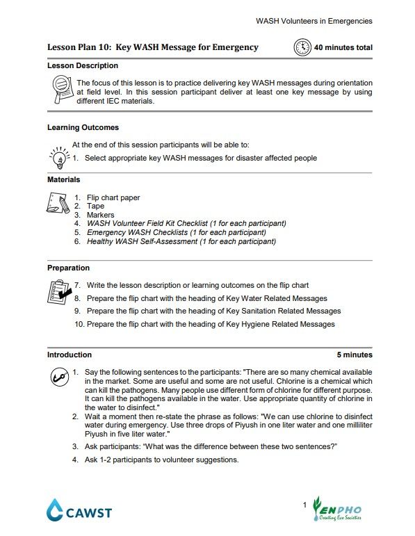 Key WASH Messages for Emergencies - Lesson Plan (E-WASH Nepal) | WASH ...