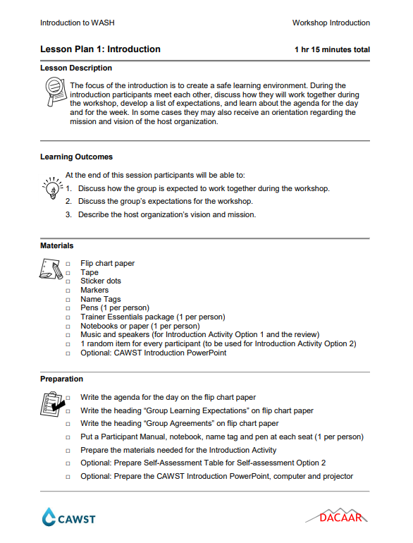 Workshop Introduction - Lesson Plan (Intro to WASH) | WASH Resources