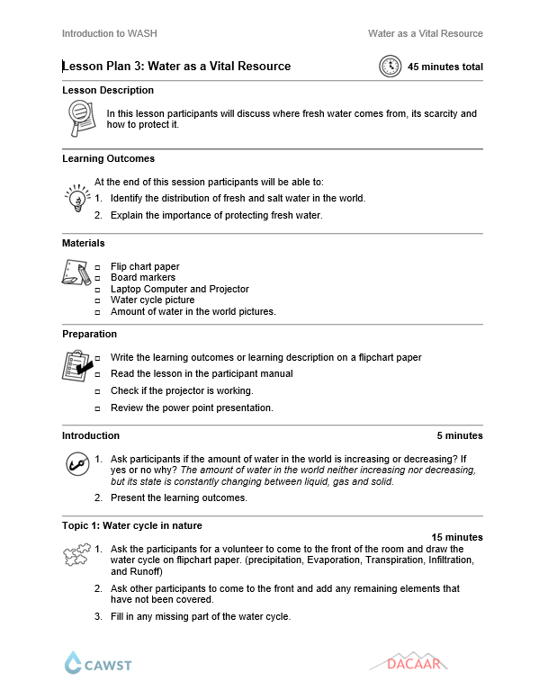 Water as a Vital Resource - Lesson Plan (Intro to WASH) | WASH Resources