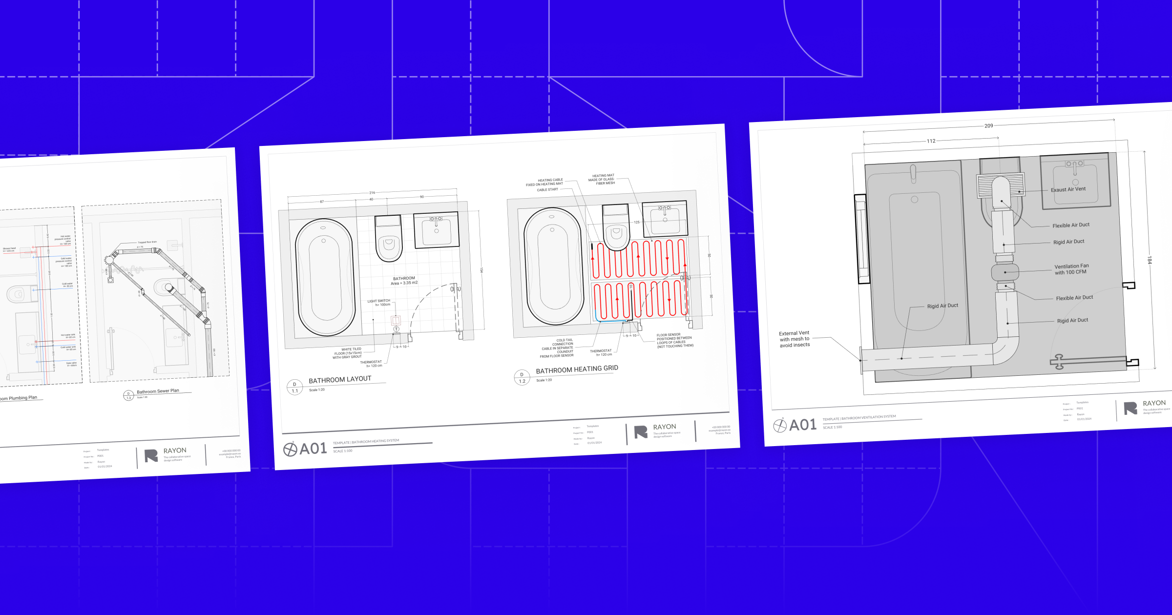 3 bathroom technical plans - Plumbing, ventilation & floor heating | Rayon