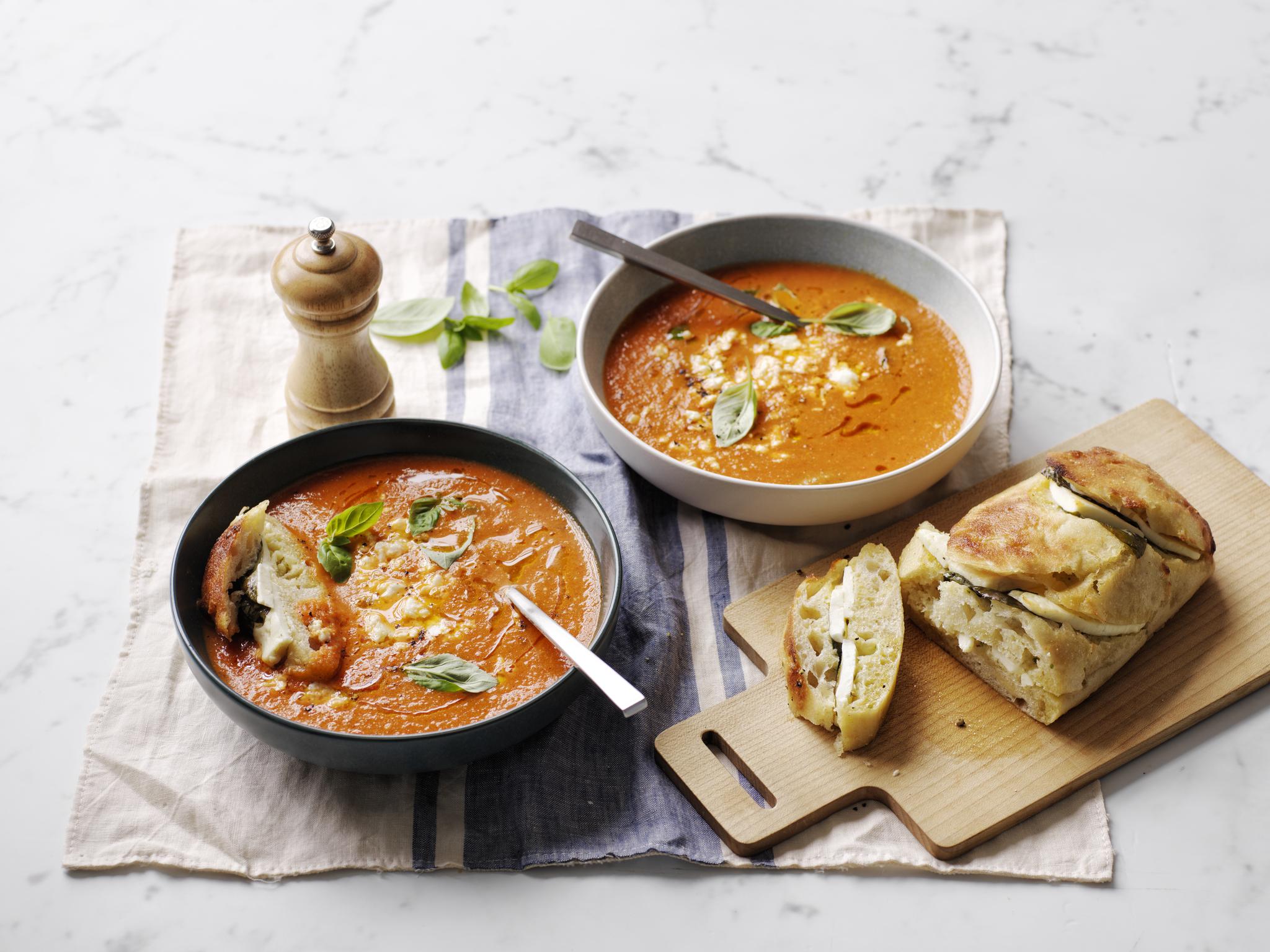 Roasted Tomato, Capsicum and Garlic Soup with Feta and Basil Garlic Bread