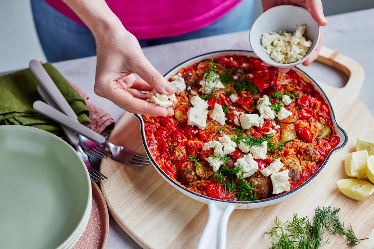 One-Pan Greek Lamb Meatball and Risoni Bake