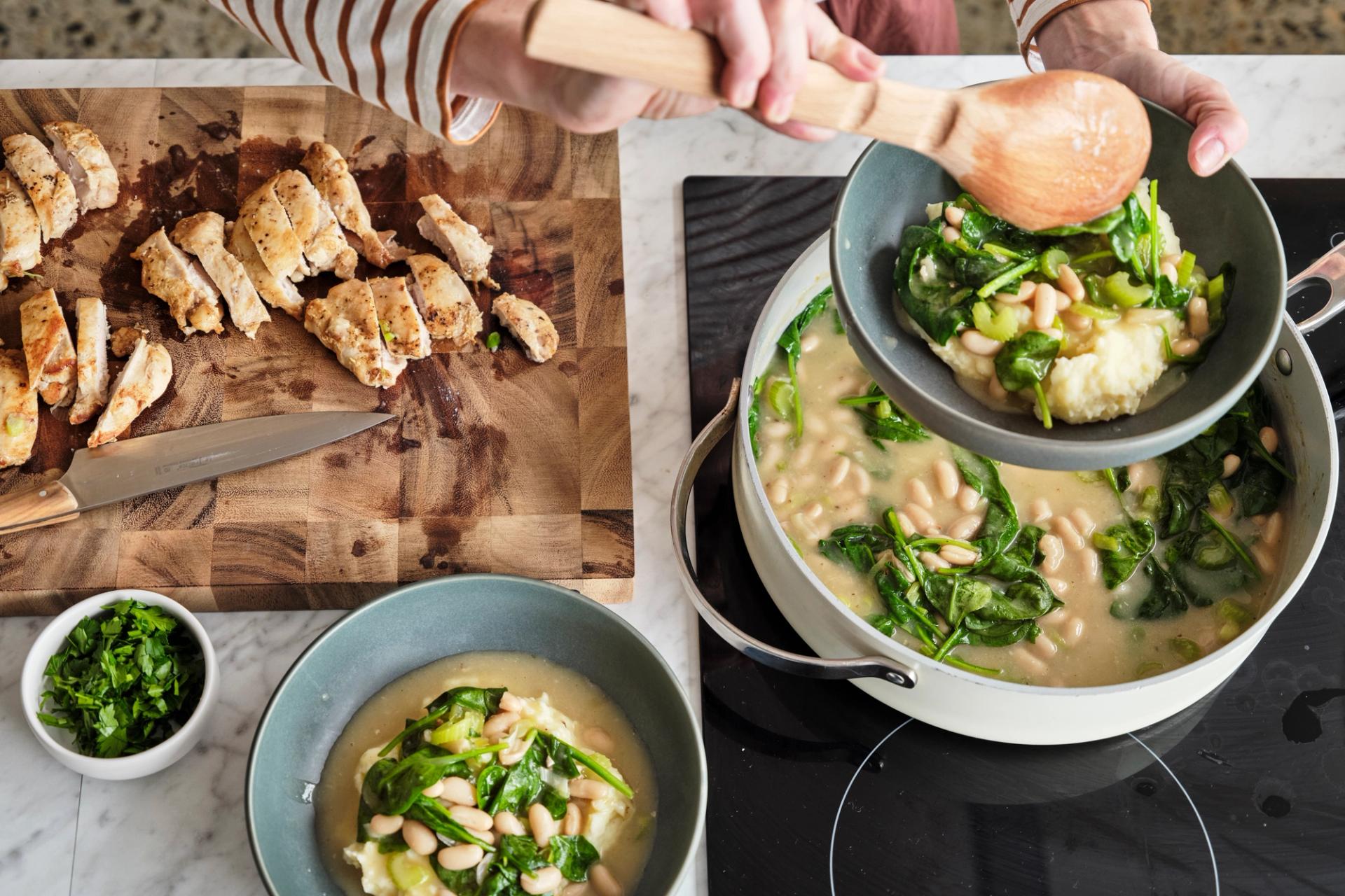 Saucy Garlic Chicken with Cannellini Beans and Mash