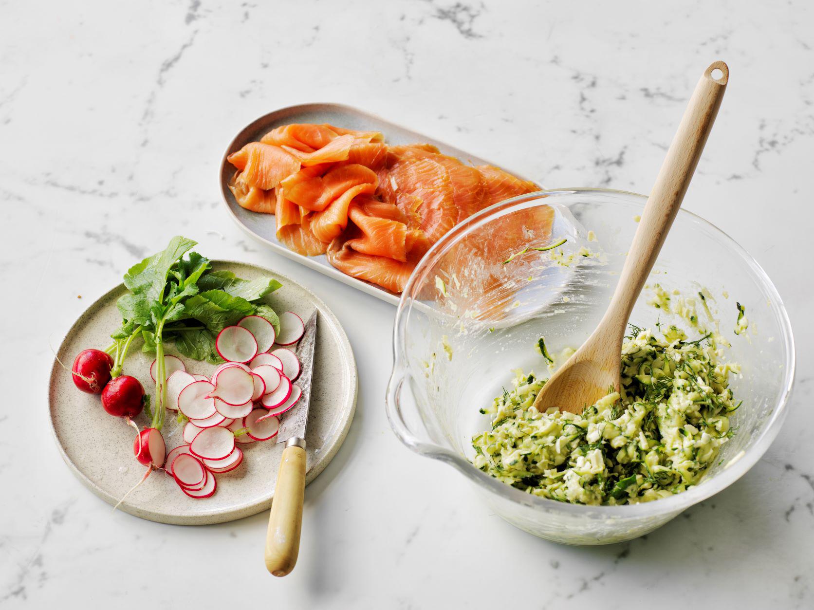 Zucchini and Halloumi Fritters with Smoked Salmon and Garlic Yoghurt
