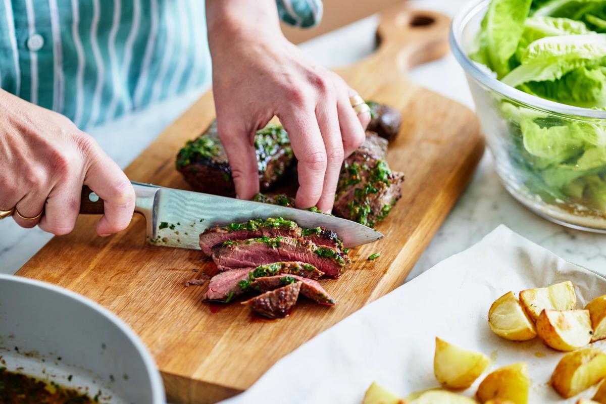 Kangaroo Steaks with Herb Butter, Roast Potatoes and Salad