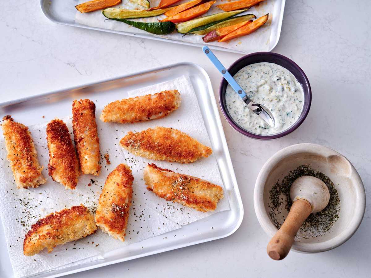Lemon Myrtle Fish Fingers with Veggie Chips and Lime Tartare