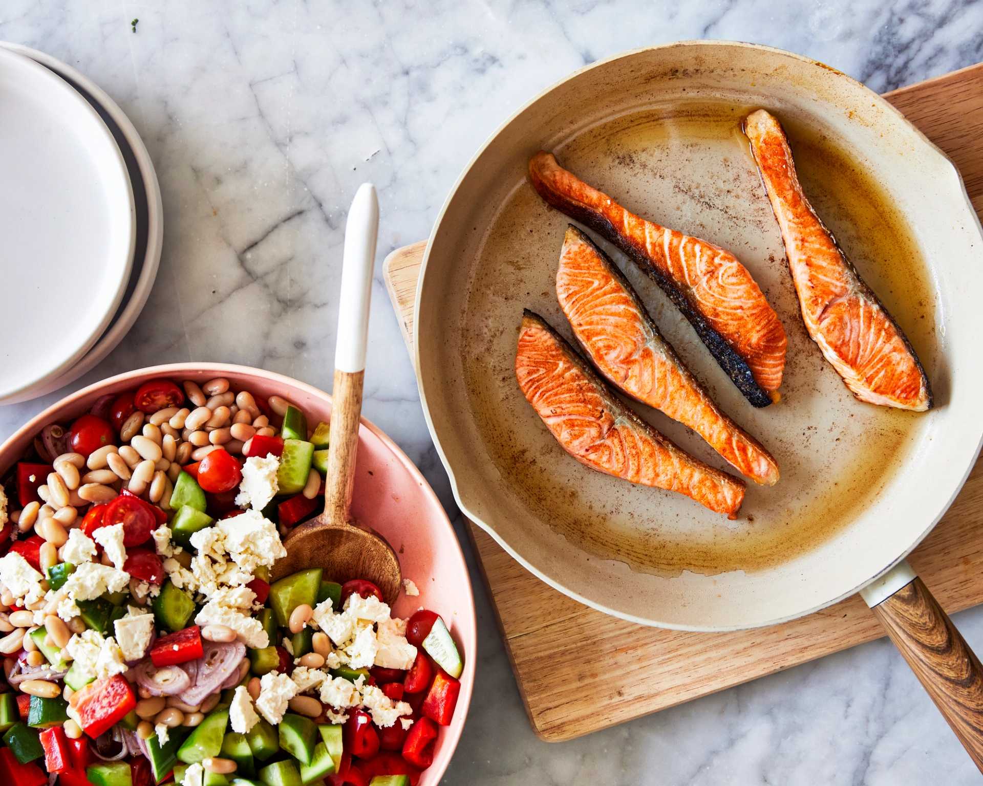 Crispy Salmon with Chunky Greek Salad