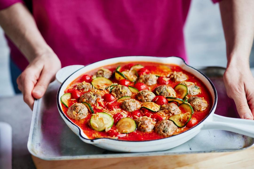 One-Pan Greek Beef Meatball and Risoni Bake