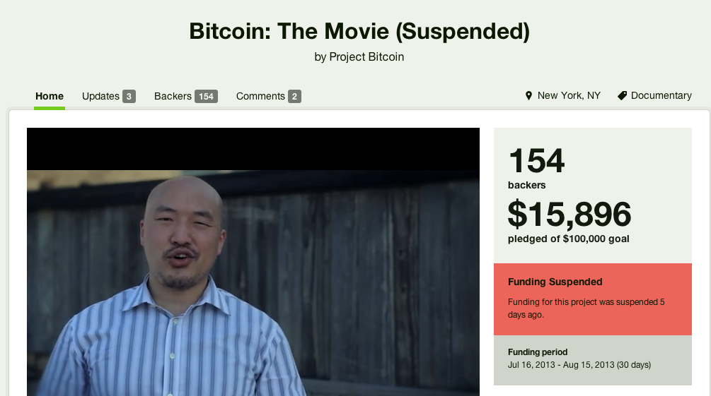 Kickstarter pulls "Bitcoin: The Movie" project two weeks after launch