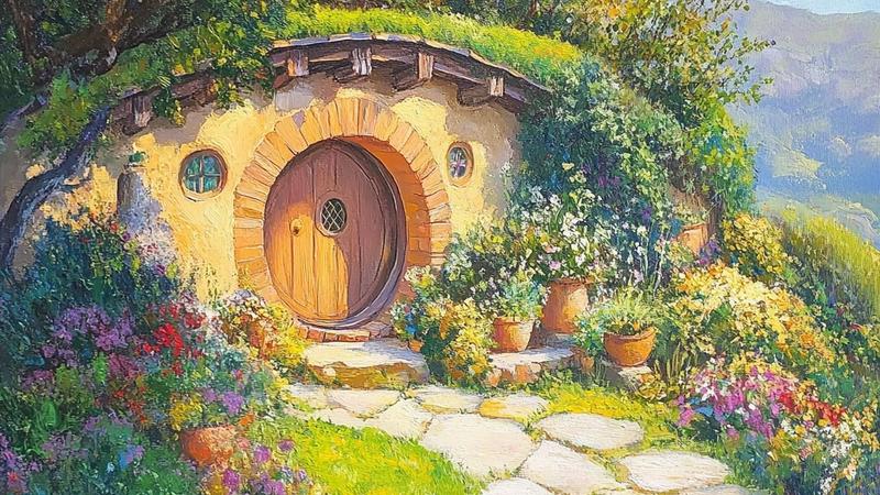Vibrant painting of a hobbit house with a round wooden door, grass ...