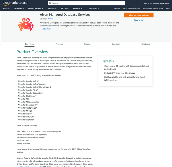 Aiven data platform on AWS Marketplace Aiven data platform on AWS Marketplace