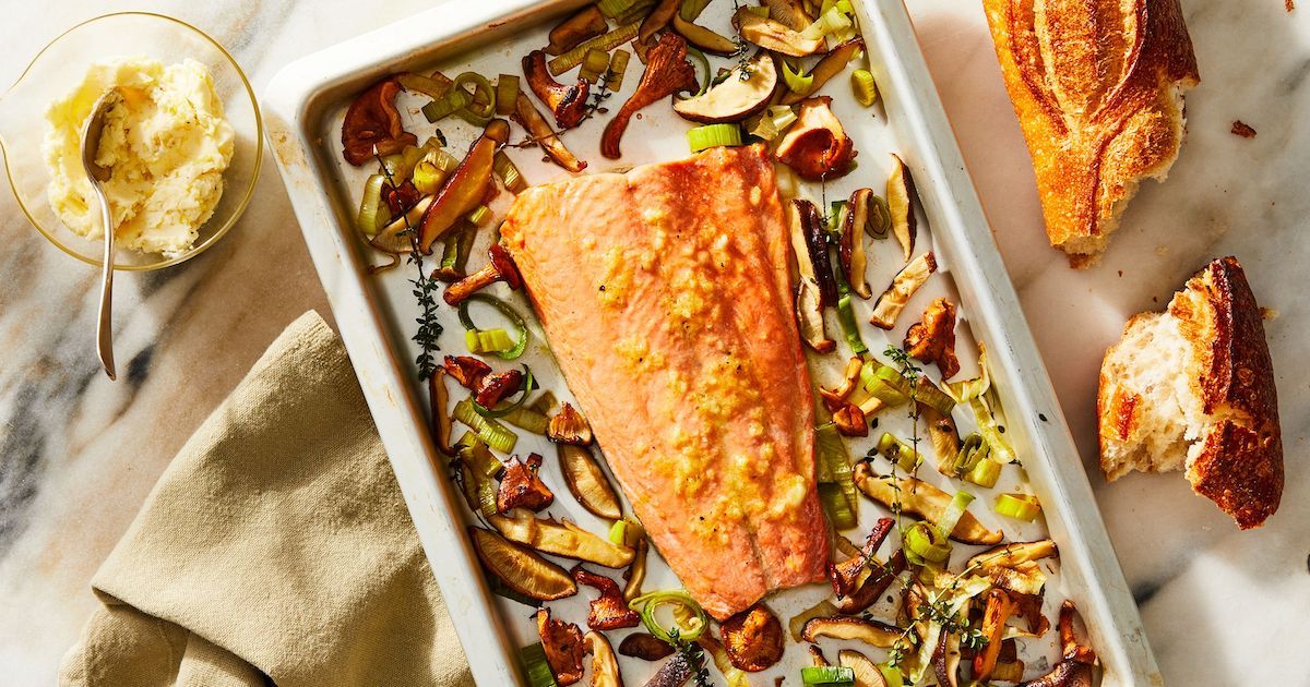 Sheet Pan Salmon With Wild Mushrooms And Leeks Recipe