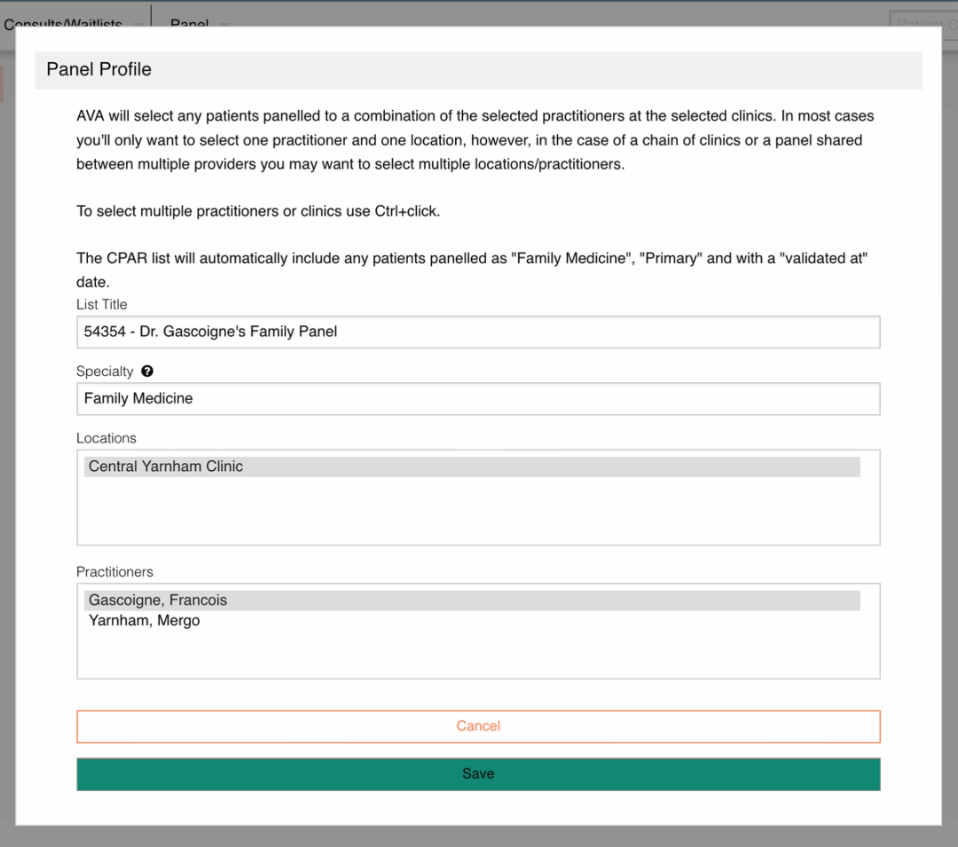 Panel Profiles (CPAR Panel Lists) | Ava