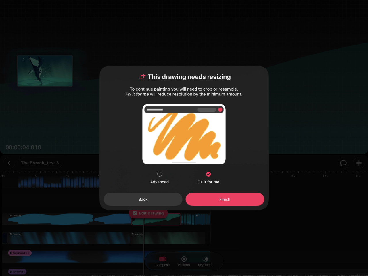 "This drawing/Flipbook needs resizing" — Procreate Dreams Help Center
