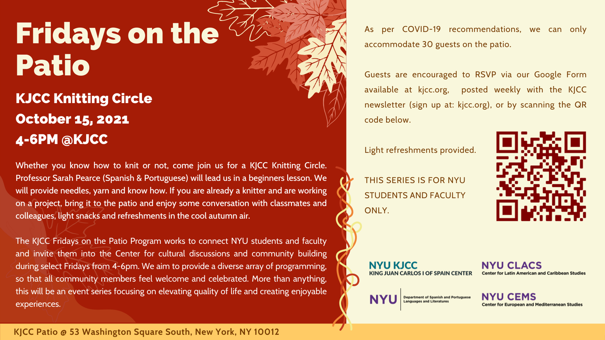 Fridays on the Patio - KJCC Knitting Circle | NYU KJCC