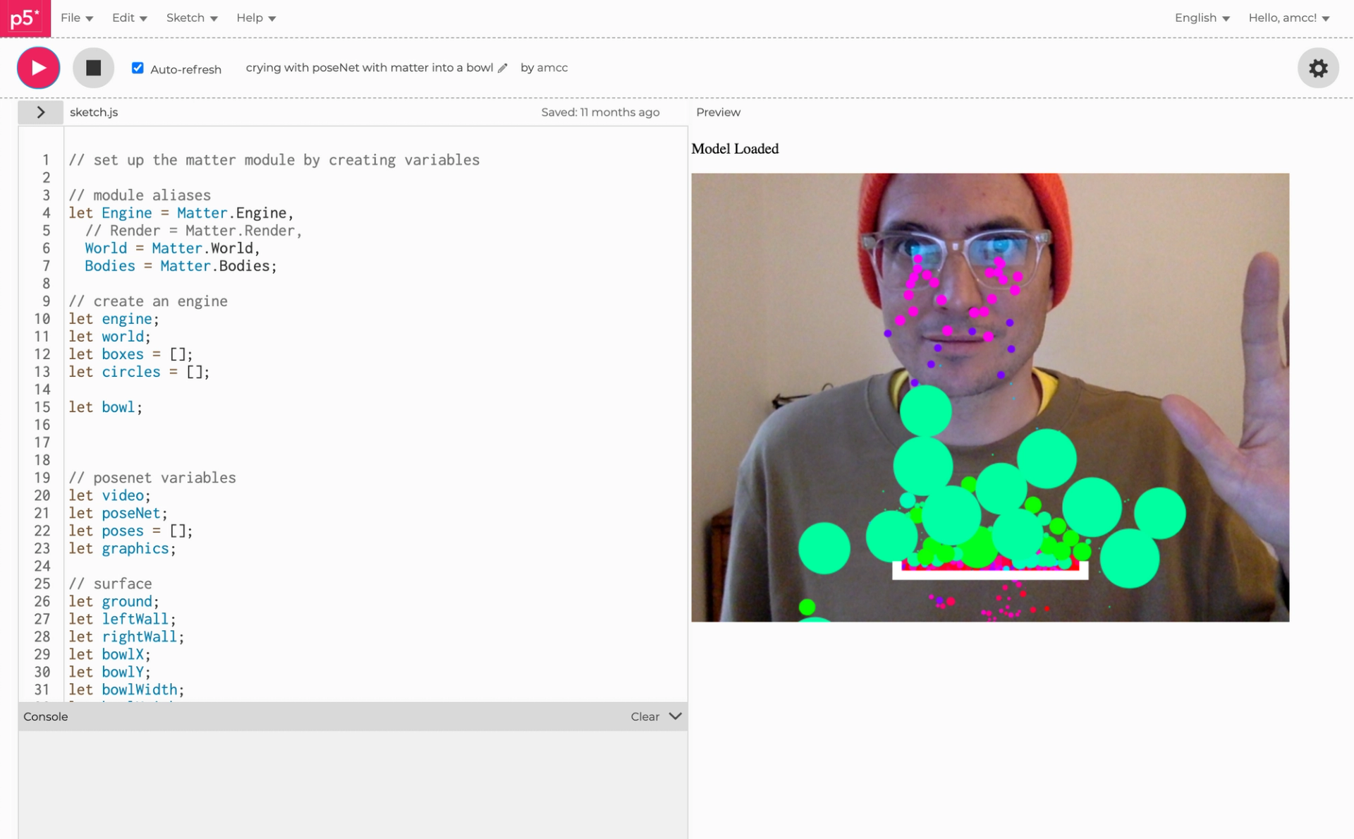 Crying multi colour balls with matter.js and PoseNet p5.js | AMCC Crying multi colour balls with matter.js and PoseNet p5.js | AMCC