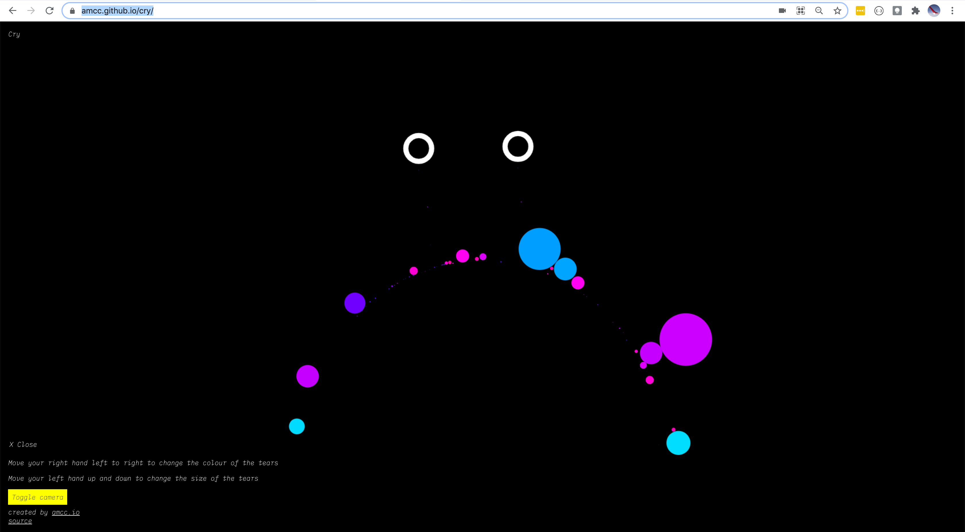 Cry - p5.js, PoseNet and matter.js | AMCC Cry - p5.js, PoseNet and matter.js | AMCC