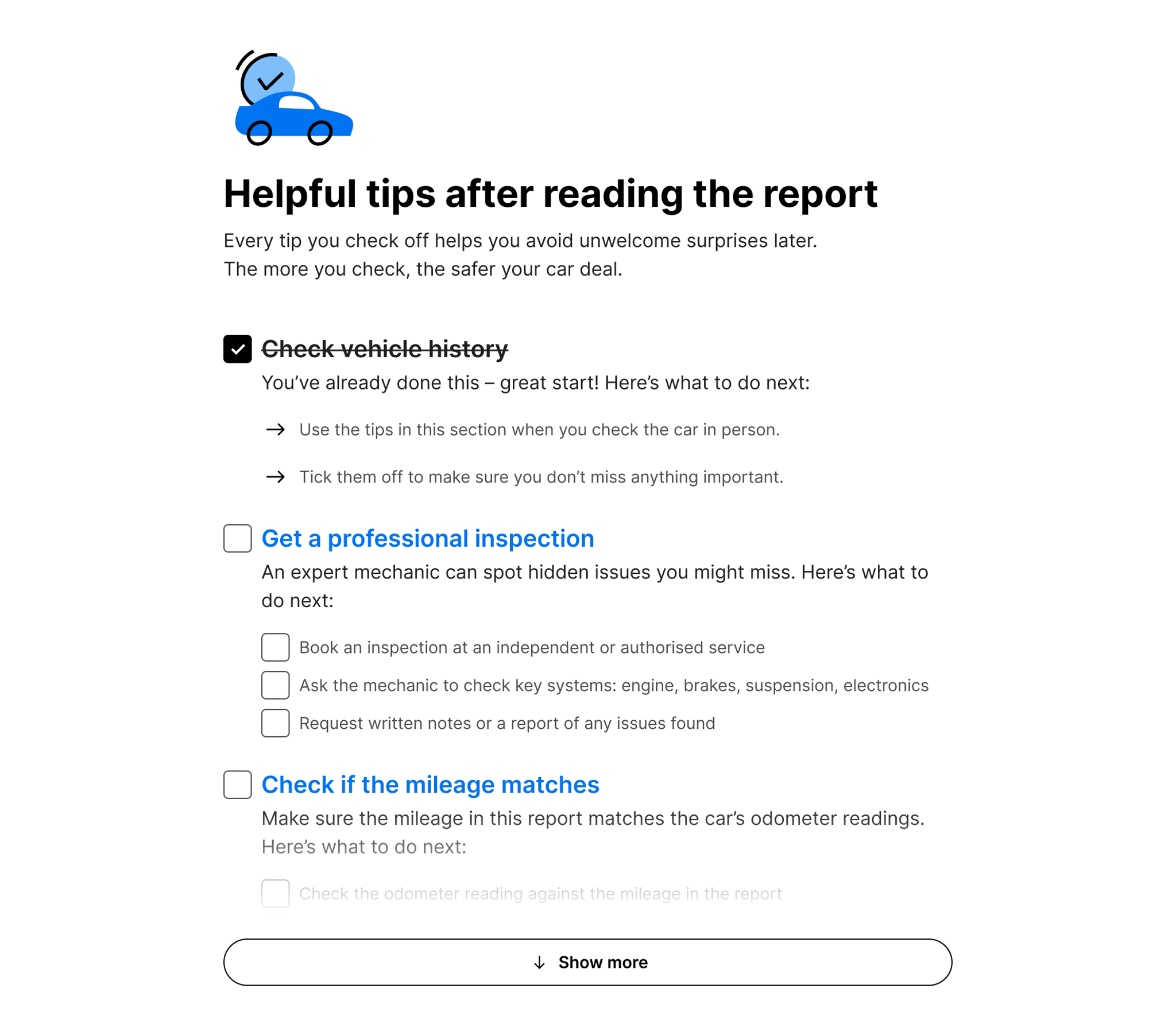 New checklist section: Helpful tips after reading the report | carVertical