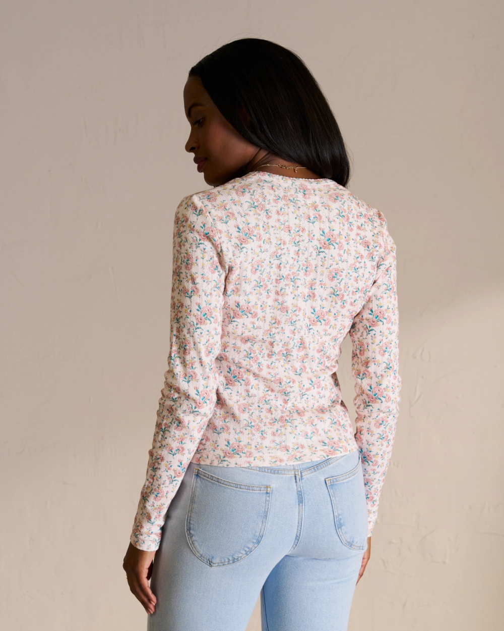 Women's Scoop Neck Pointelle Top - Light Pink Floral | Tecovas