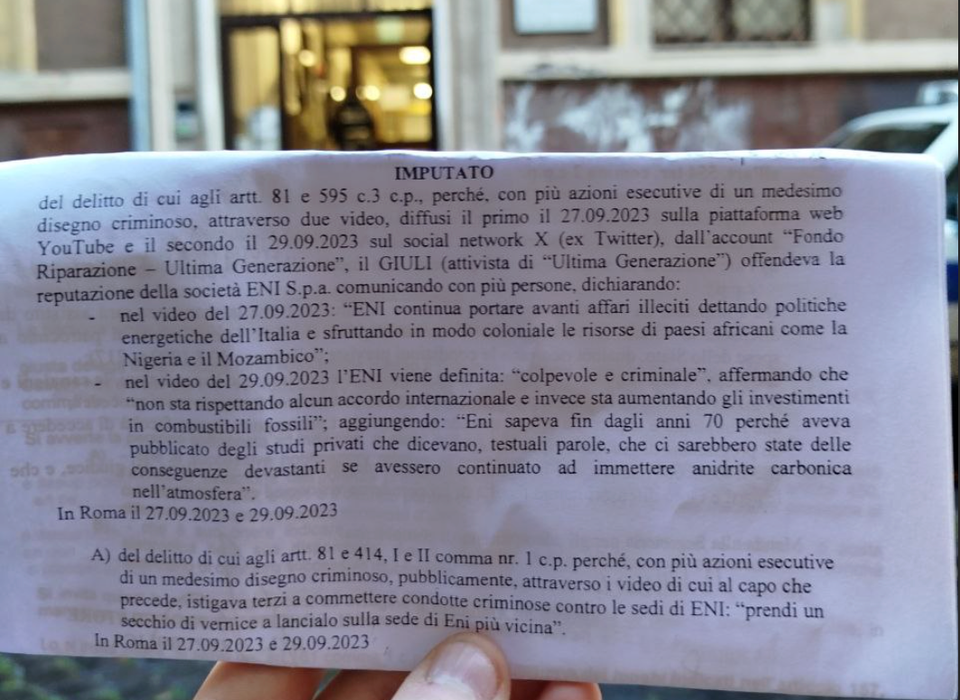 Eni contro Ultima Generazione, a Roma il processo contro Michele Giuli ...