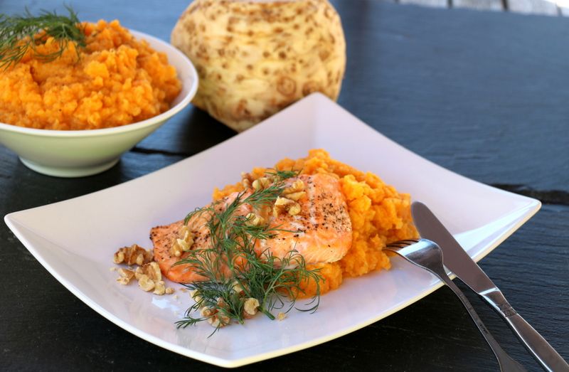 LINDASTUHAUG – Laks med sellerirot- og søtpotetstappe