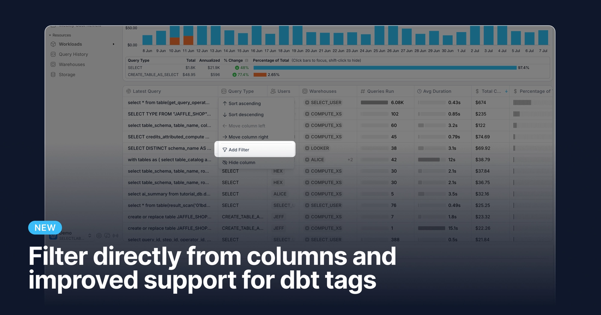 Filter directly from columns and improved support for dbt tags | Changelog