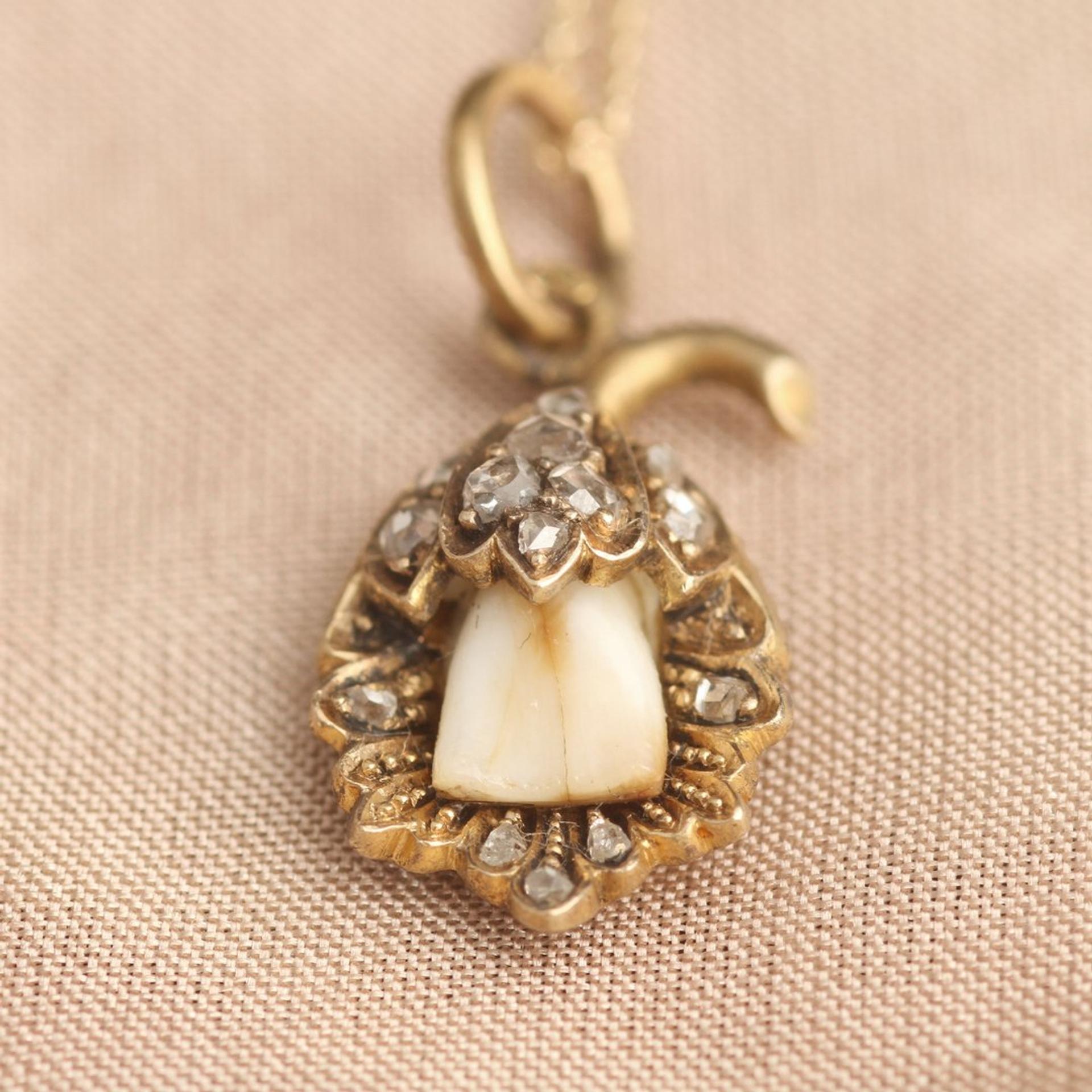 Victorian Milk Tooth in Ornate Floral Mounting with Rose Cut Diamonds ...