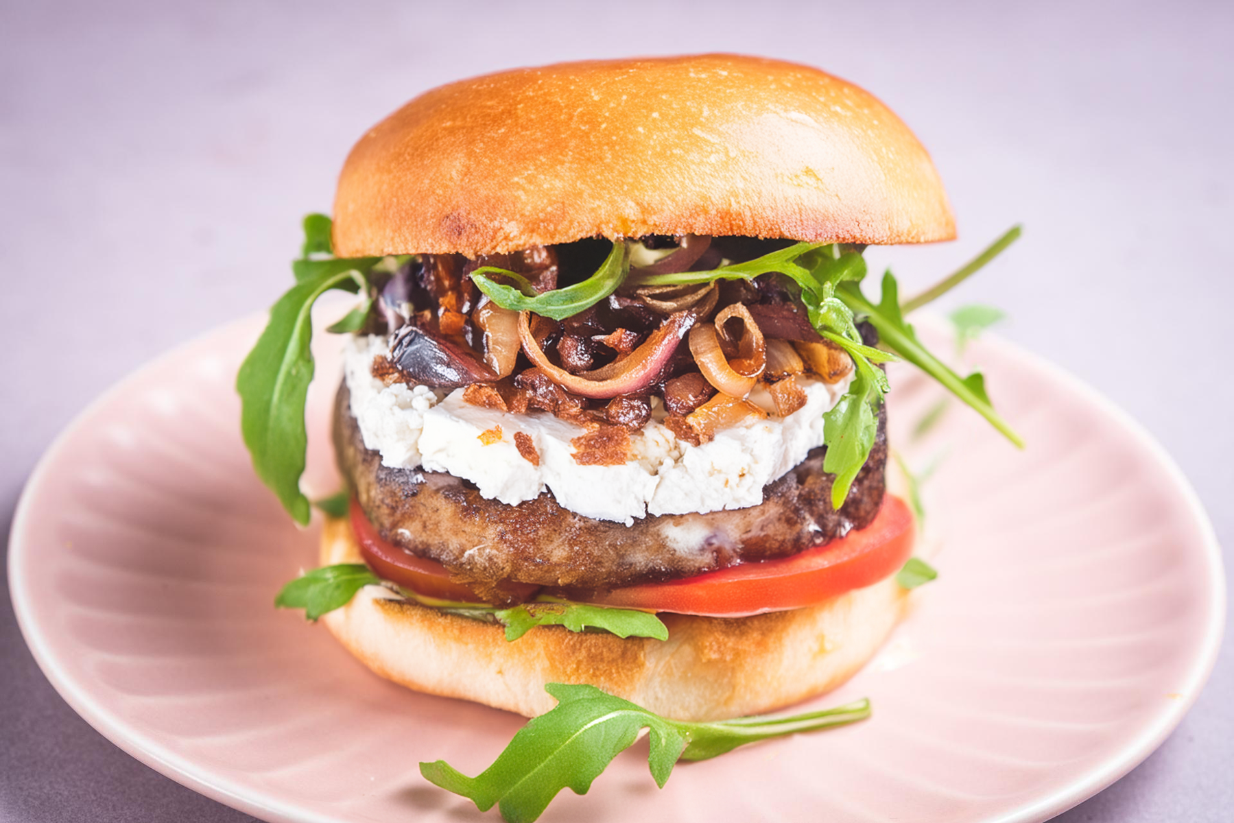Veiseliha-kitsejuustuburger karamelliseeritud sibulatega | Yummy