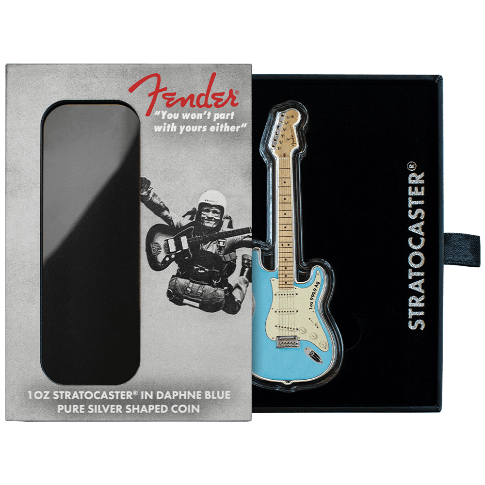 1 oz Fender Stratocaster silver coin in the packaging box