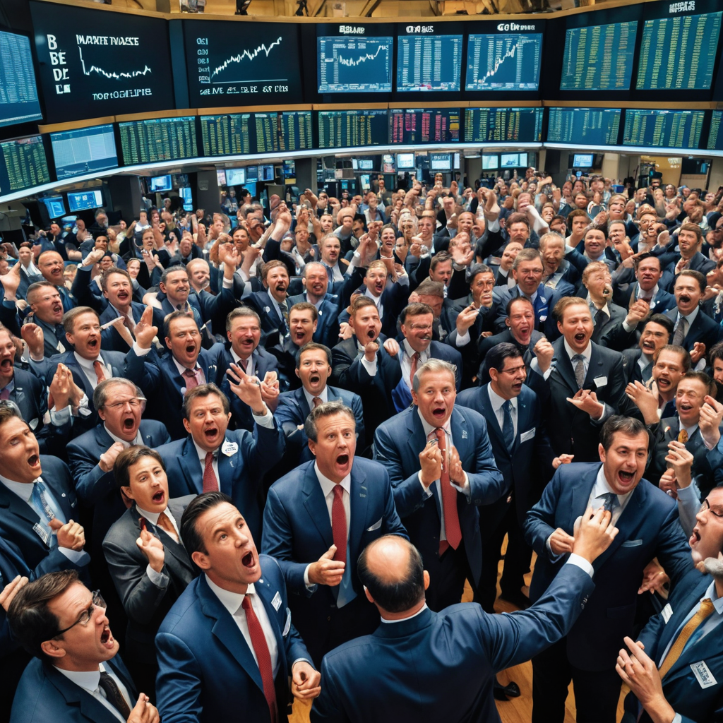 A bustling stock market floor, - Gulf Picasso | بيكاسو الخليج