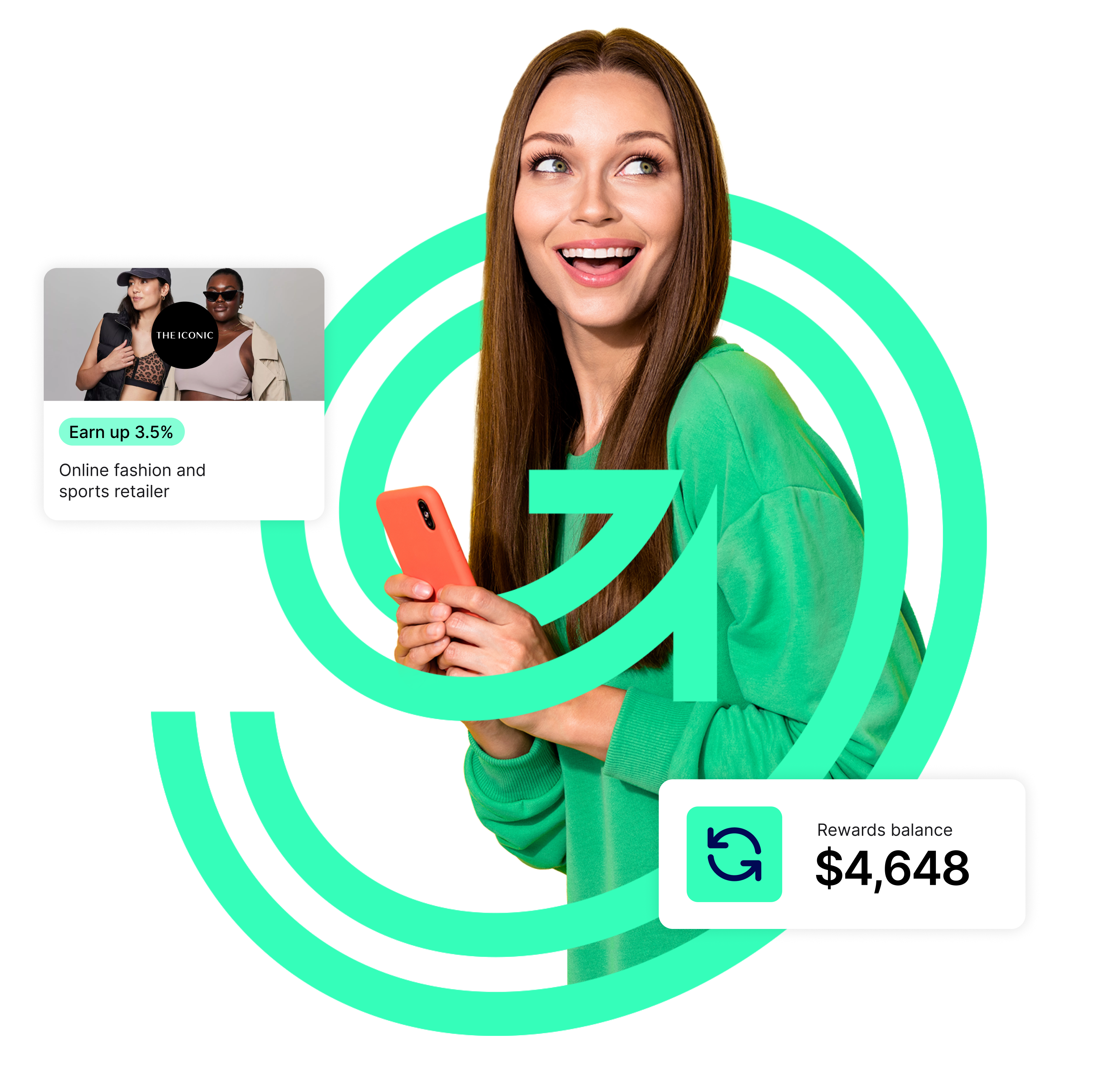 Smiling woman using the Grow My Money app on her phone encircled by the ...