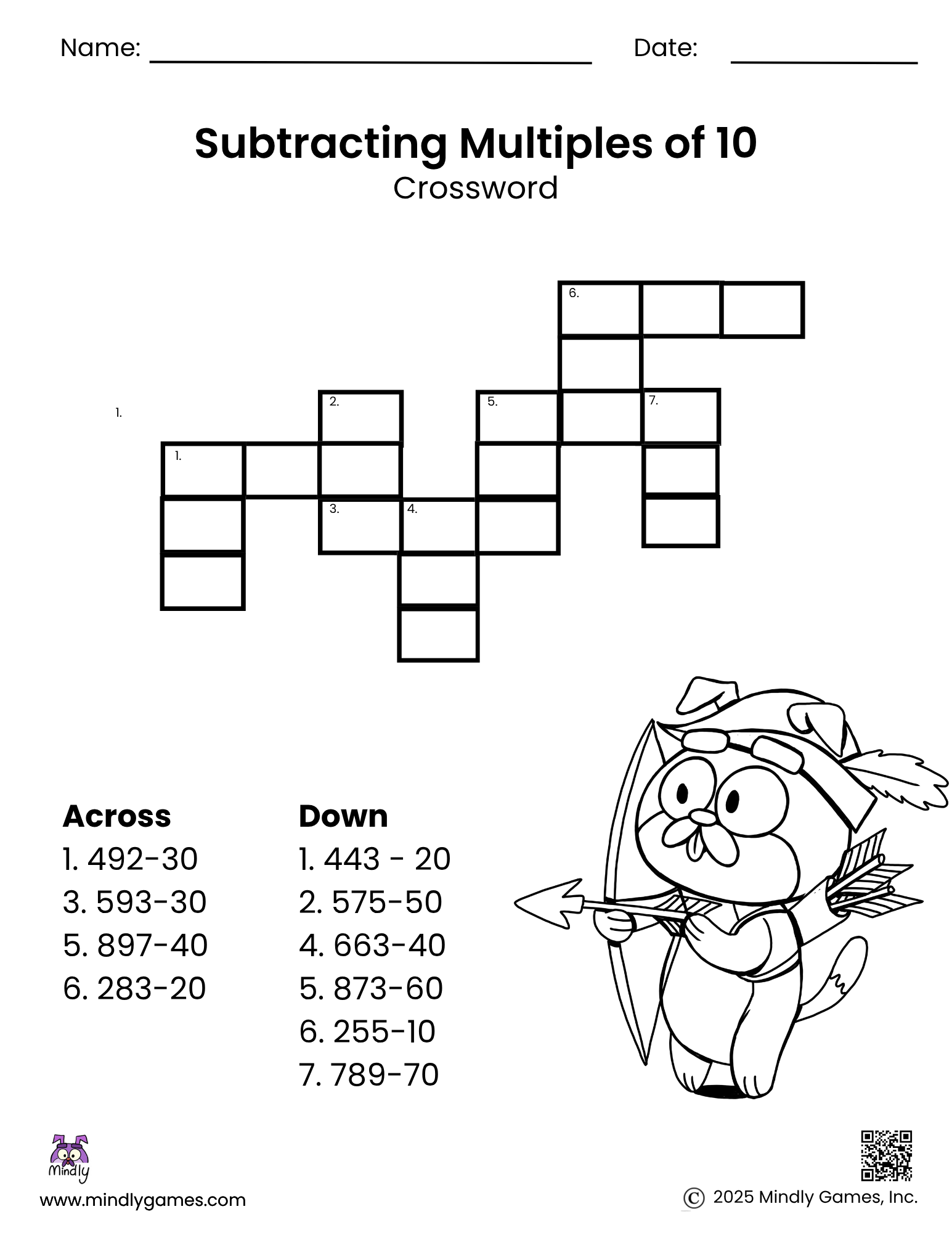 Crossword | Subtracting Multiples of 10 | Mindly Games